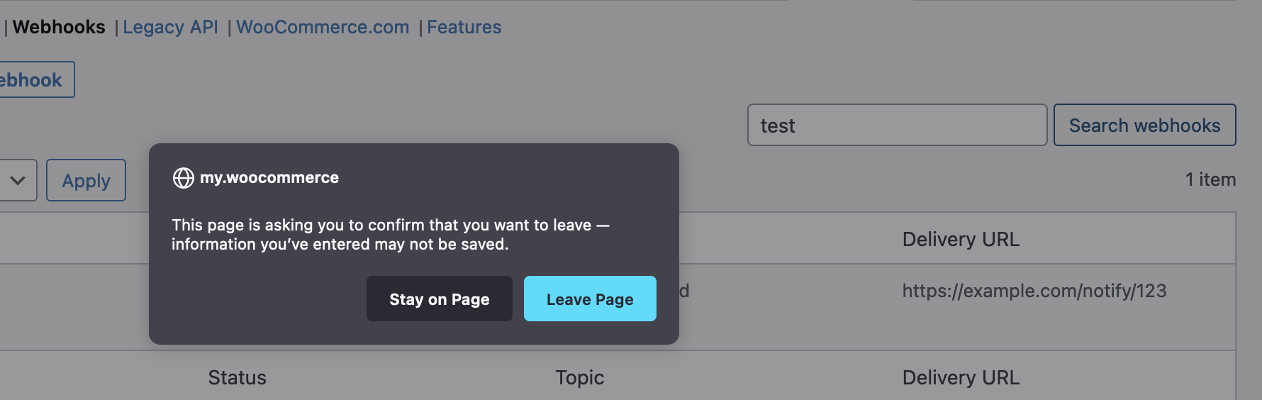 Webhooks page shows "beforeunload" confirmation dialog after checkbox checked · Issue #30102 ...