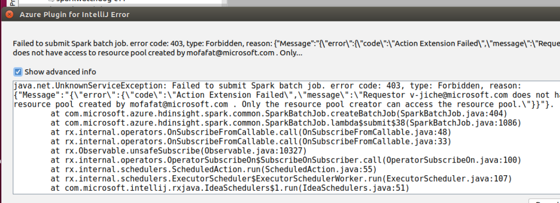 [intelliJ][spark on cosmos] Run into uncaught exception when submit job to cluster provisioned ...