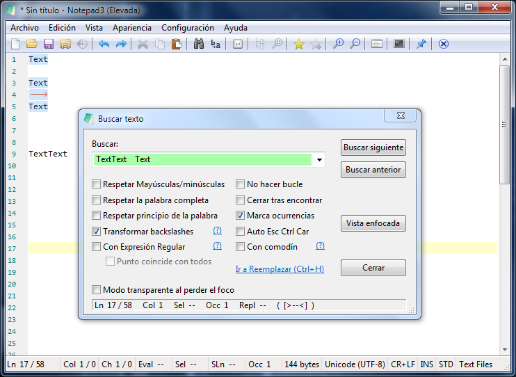 [Find/Replace : Feature request to improve] When select a text with transform backslashes ...