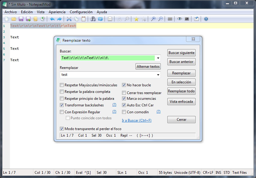 [Find/Replace : Feature request to improve] When select a text with transform backslashes ...