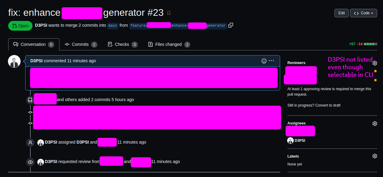 `gh pr create` shows PR author as option for reviewers when logged in with PAT · Issue #6436 ...