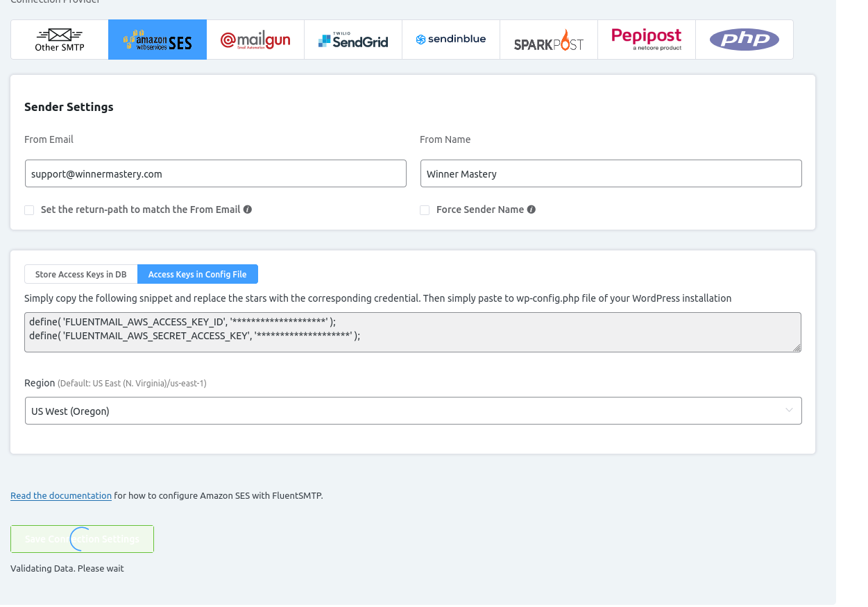 Amazon ses: stuck at validating data · Issue #23 · WPManageNinja/fluent-smtp · GitHub