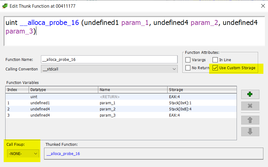invalid call fixup for __alloca_probe_16 destroys subsequent analysis ...
