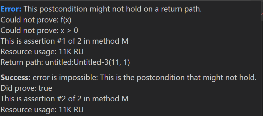 `This postcondition holds` and `A postcondition might not hold` on the ...