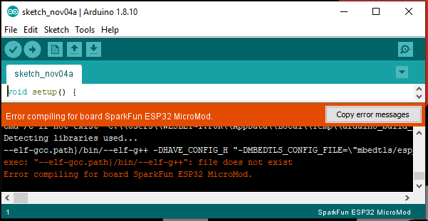SparkFun ESP32 MicroMod: "--elf-gcc.path}/bin/--elf-g++": file does not exist · Issue #5818 ...