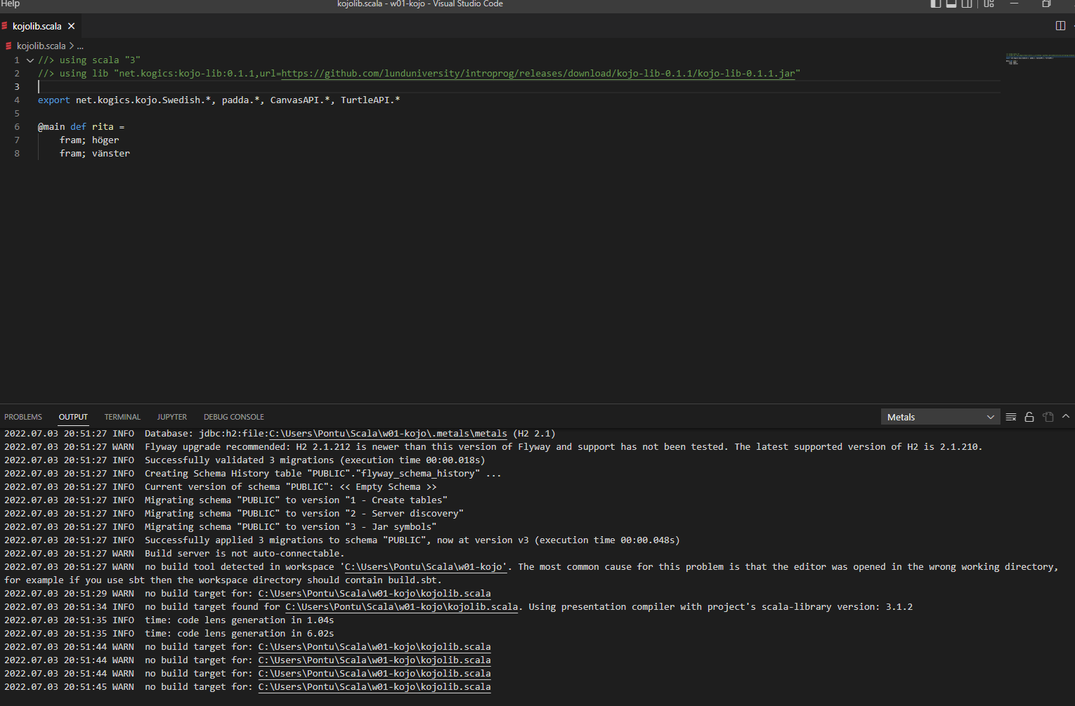 Scary warnings pop up when kojo is run from the terminal using scala-cli and from the vscode ...