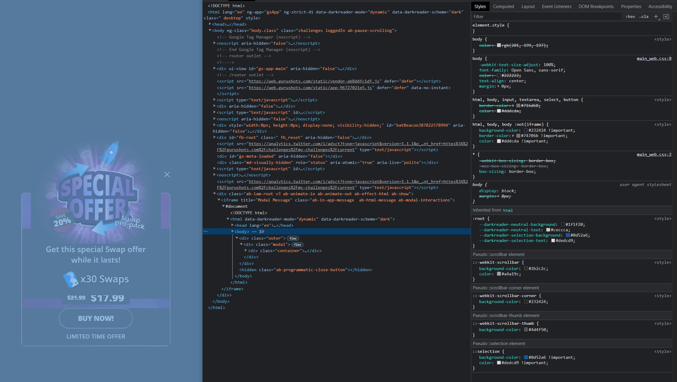 [Broken Website] Gurushots.com · Issue #5952 · darkreader/darkreader · GitHub