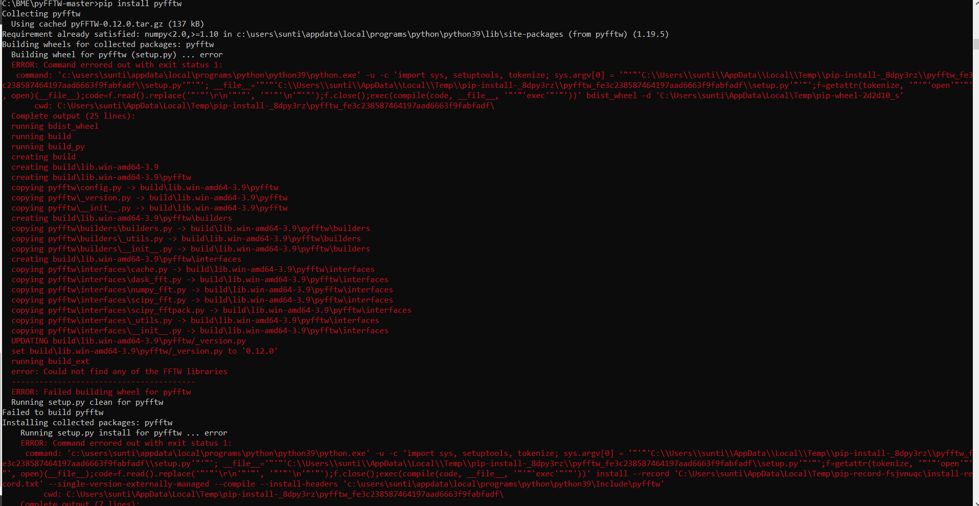 error: Could not find the FFTW header 'fftw3.h' · Issue #289 · pyFFTW/pyFFTW · GitHub