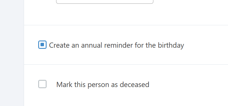 "Create an annual reminder for their birthday" checkbox is misaligned ...