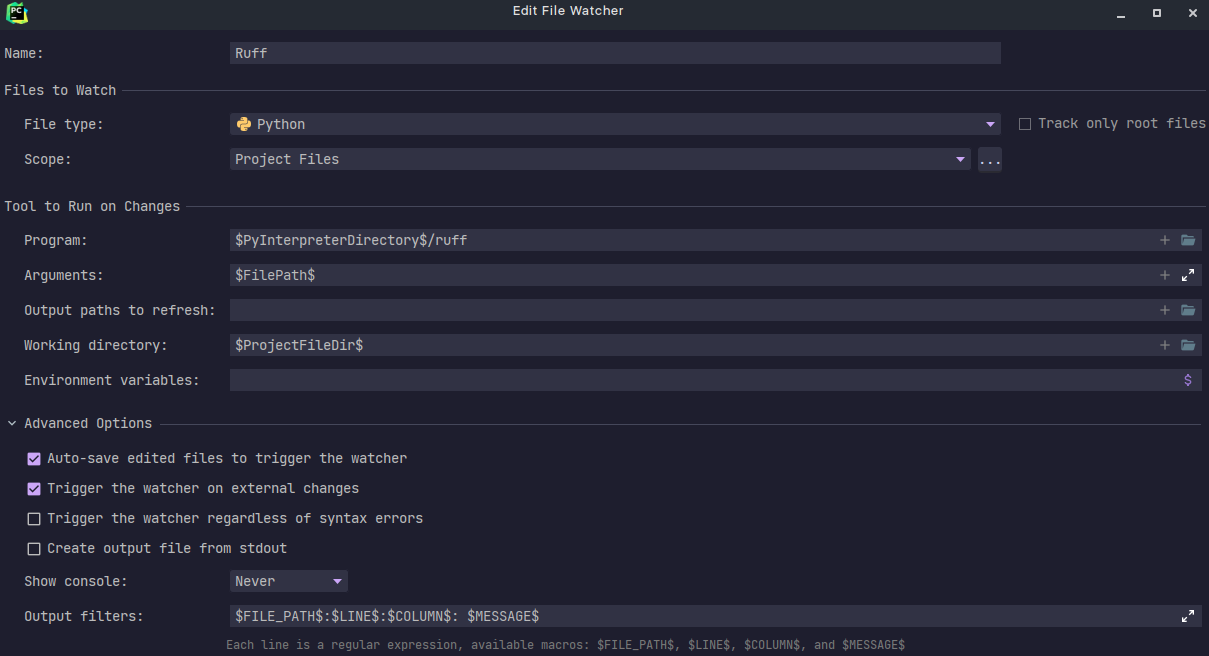 ruff `>=0.0.252` as pycharm File Watcher · Issue #3382 · astral-sh/ruff · GitHub