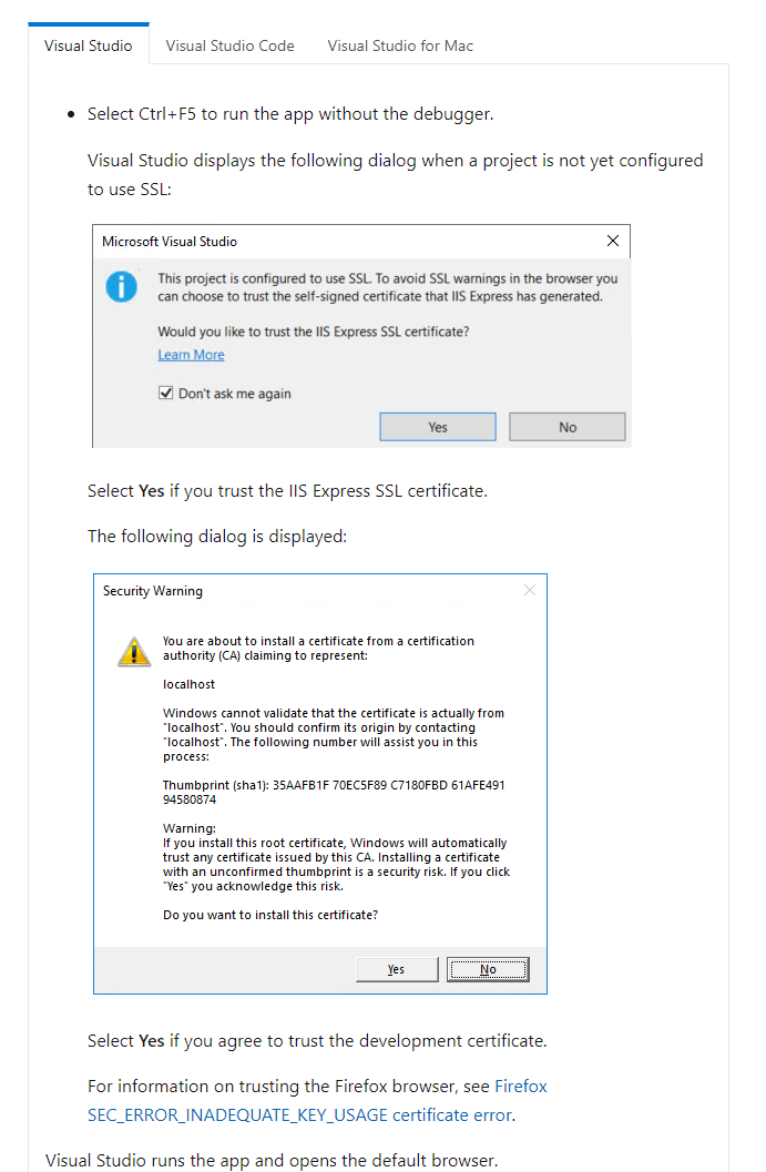 6.0 Update - Win11/VS2022/ASP.NET 6.0 MVC tutorial doesn't bring up anything about a SSH ...