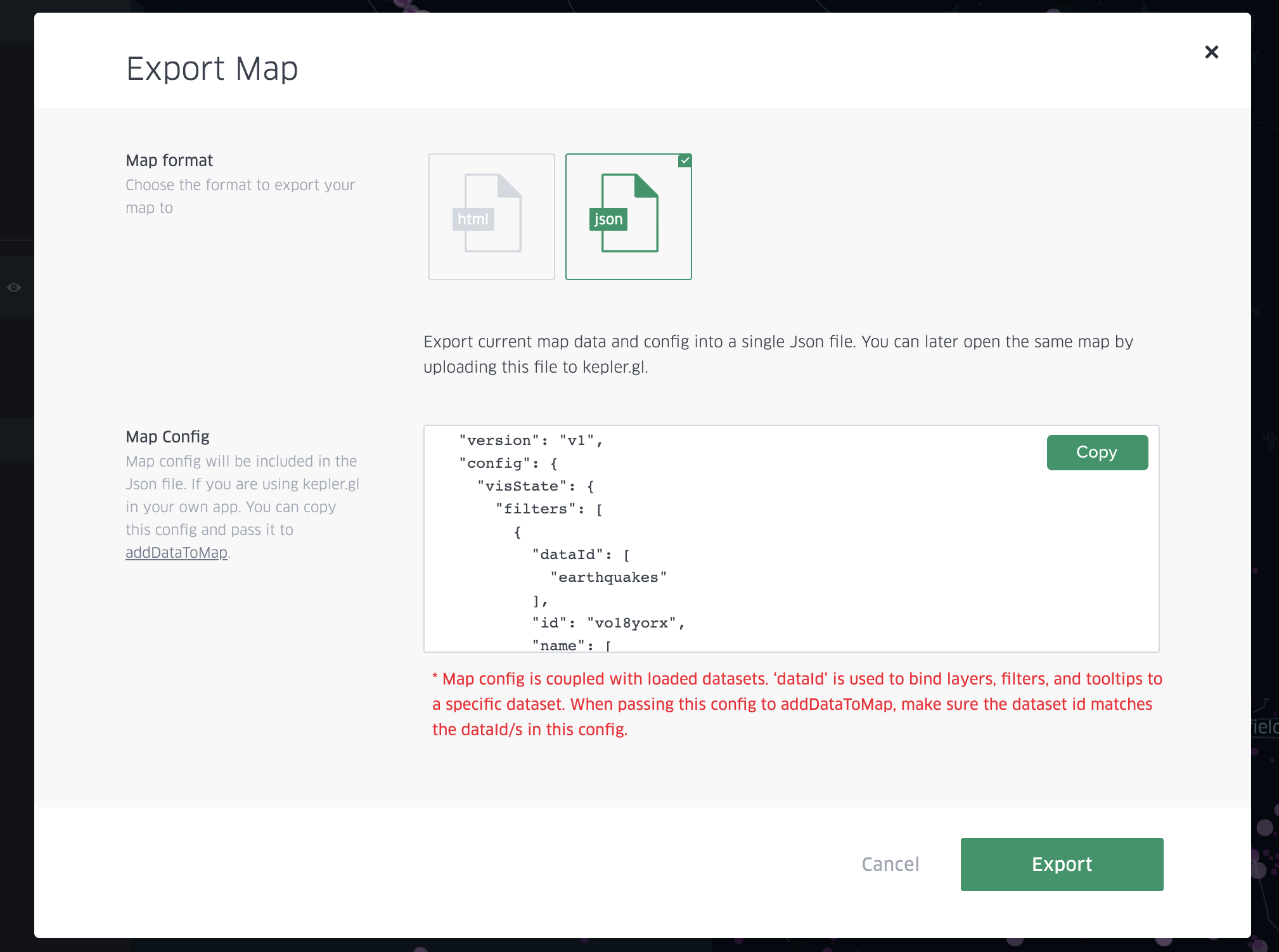 Add a copy button to map export json · Issue #1604 · keplergl/kepler.gl · GitHub