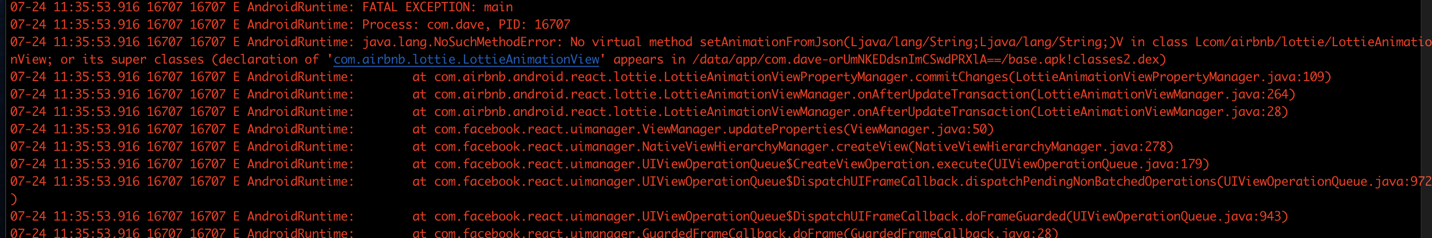 Crashing on Android: No virtual method setAnimationFromJson · Issue #672 · lottie-react-native ...