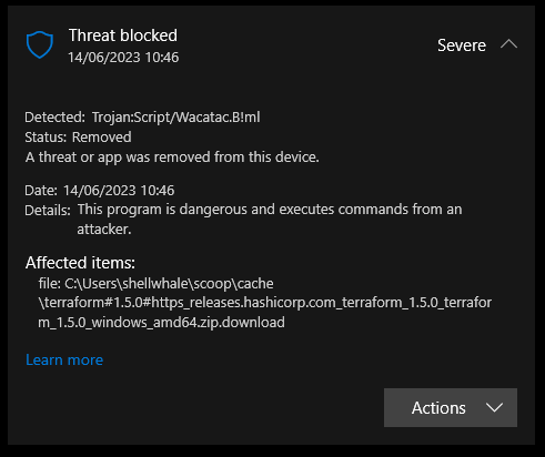Trojan:Script/Wacatac.B!ml when updating (terraform 1.4.6 -> 1.5.0) · Issue #5535 ...