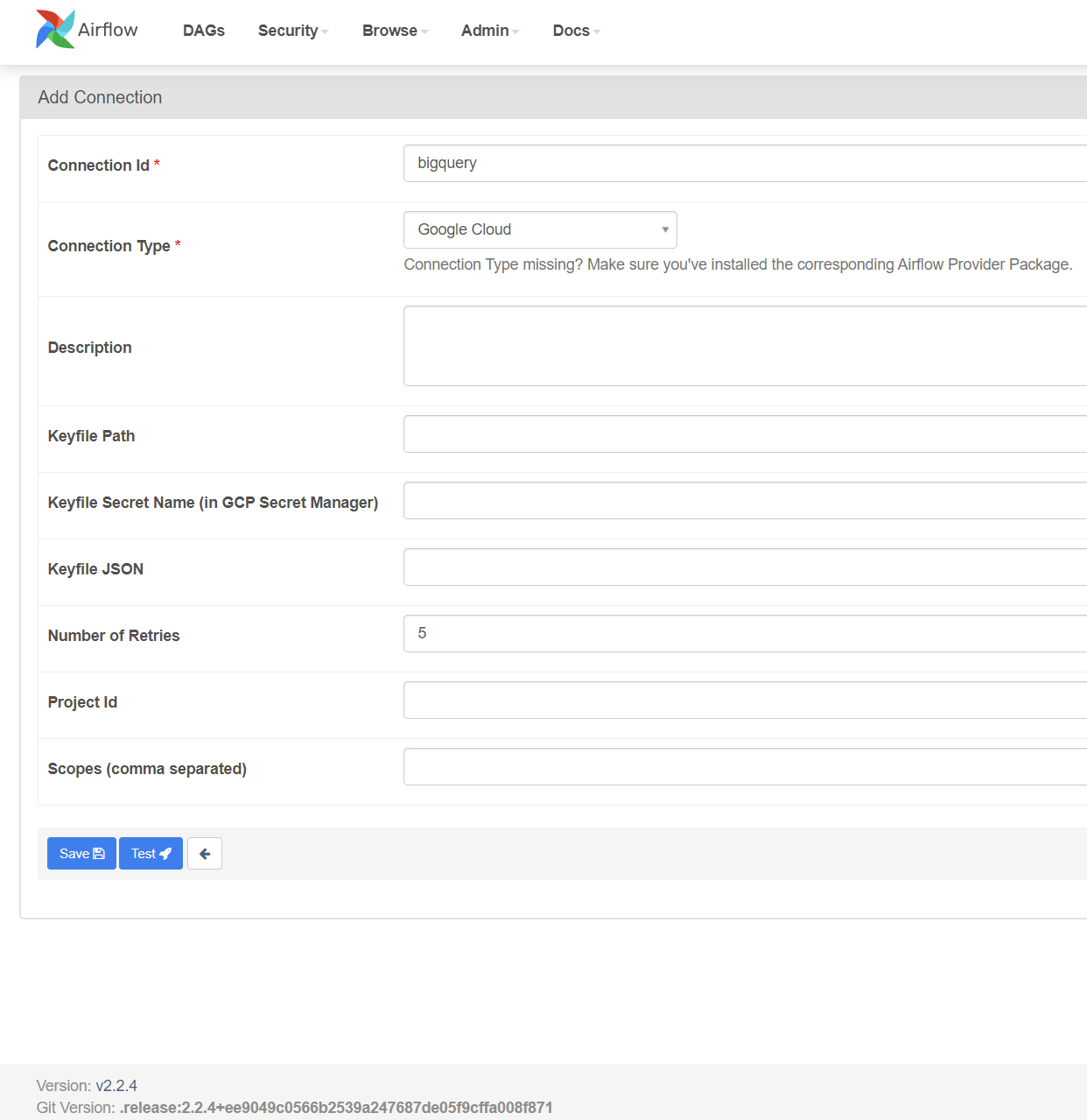 Google Bigquery connection type is not working · Issue #29286 · apache/airflow · GitHub