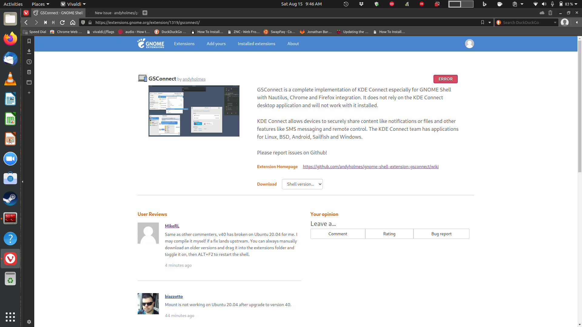 GSConnect v40 fails to install on Ubuntu 20.04 with latest updates ...