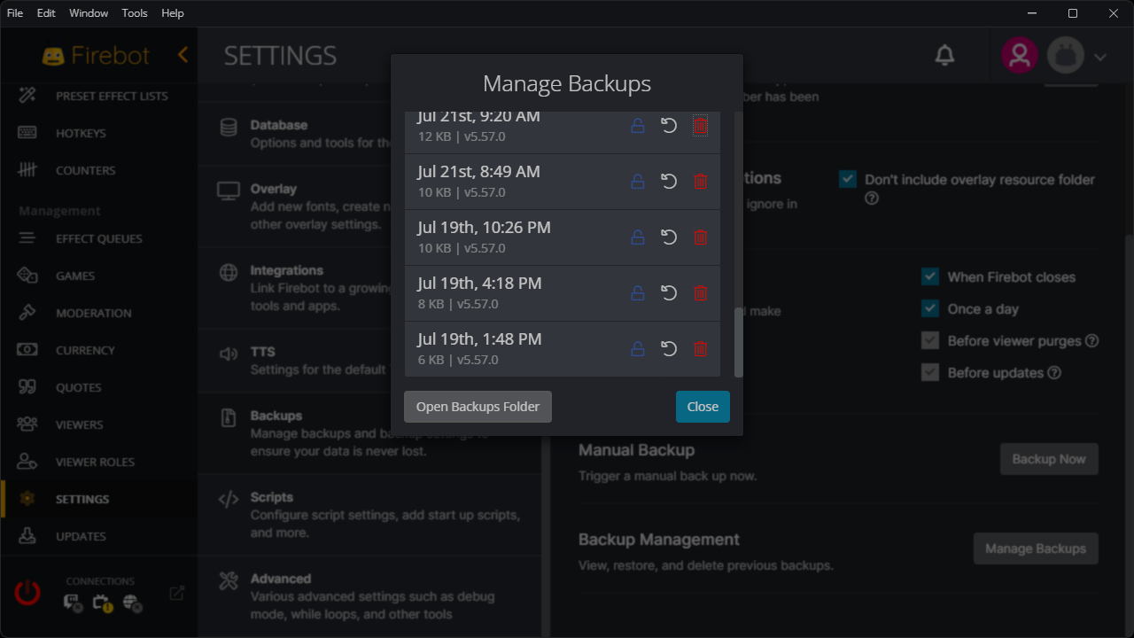 [Bug] buttons in the manage back up section under settings have no labels. · Issue #2212 ...
