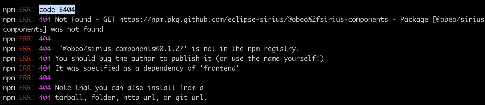 Unable To Do Npm Install On Frondtend Shows E401 Error · Issue 1786 · Eclipse Sirius Sirius Web