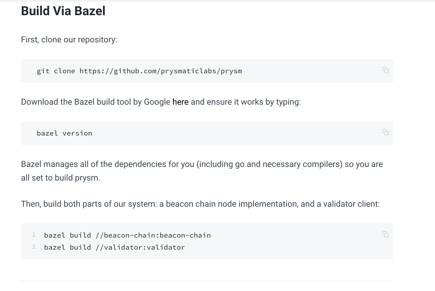 Update gitbook documentation for building with bazel · Issue #3016 · prysmaticlabs/prysm · GitHub