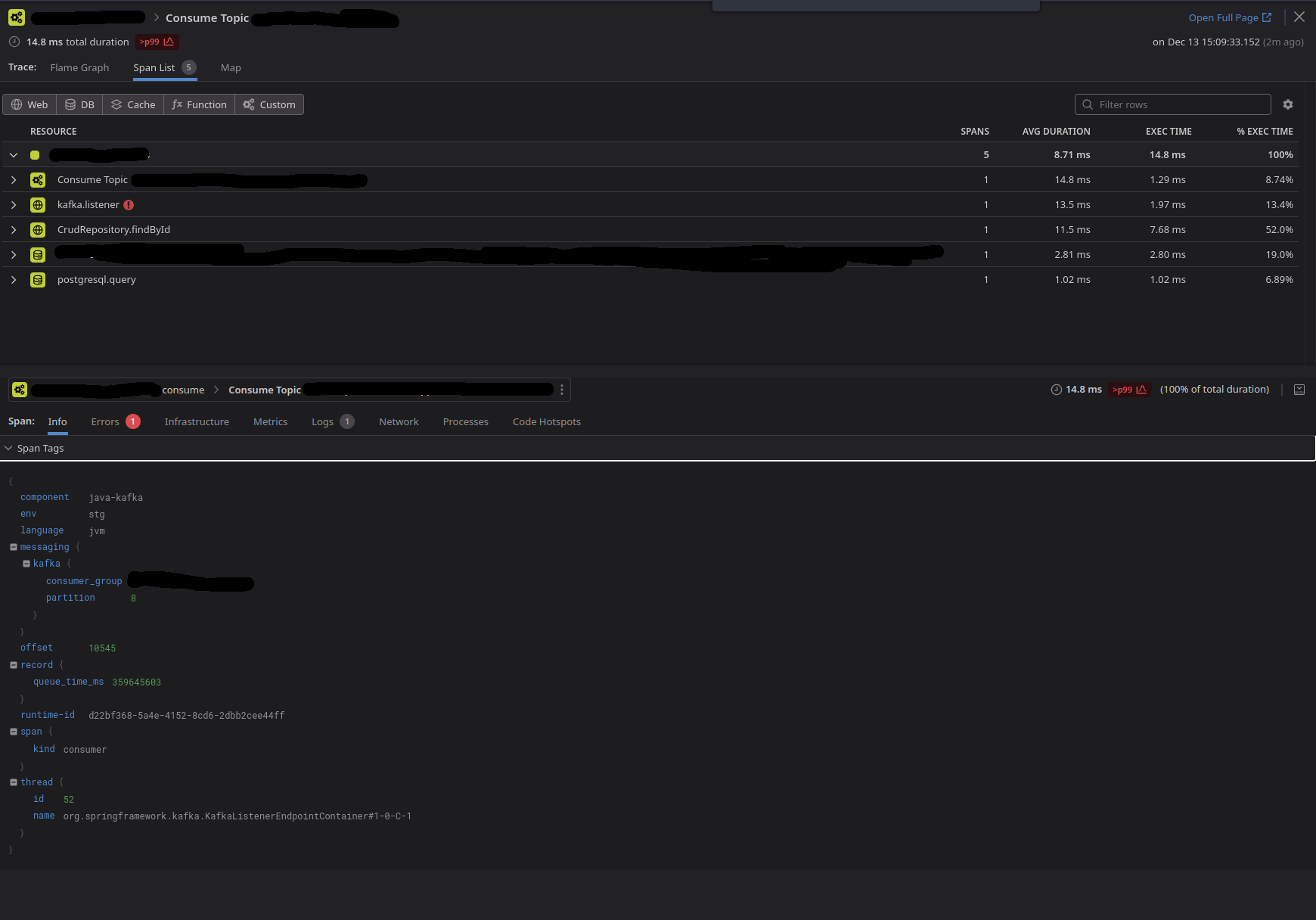 Kafka consumer Traces/Spans with errors not being reported to error tracking or marked as error ...