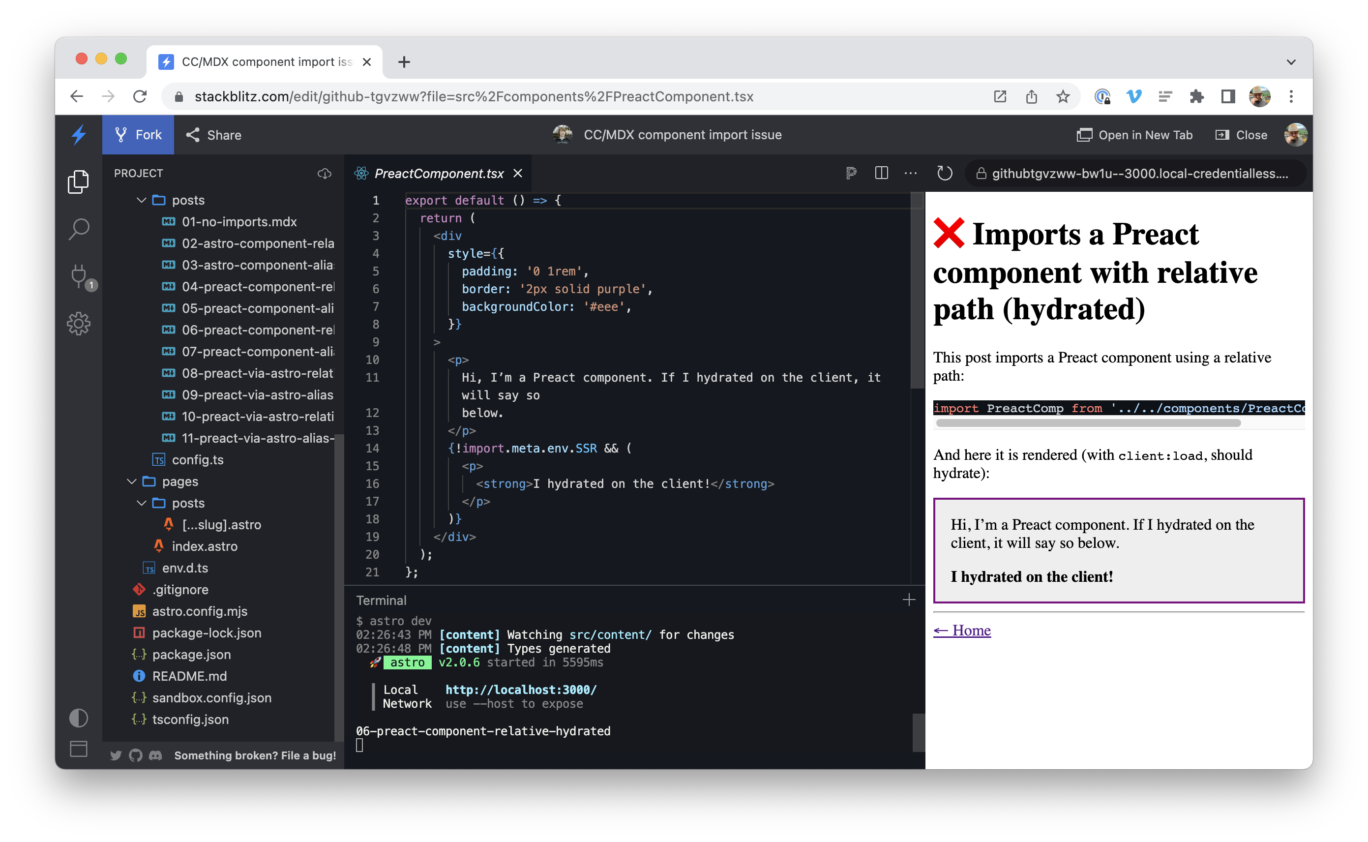 Hydrated framework components in MDX in content collections break `astro build` · Issue #6162 ...