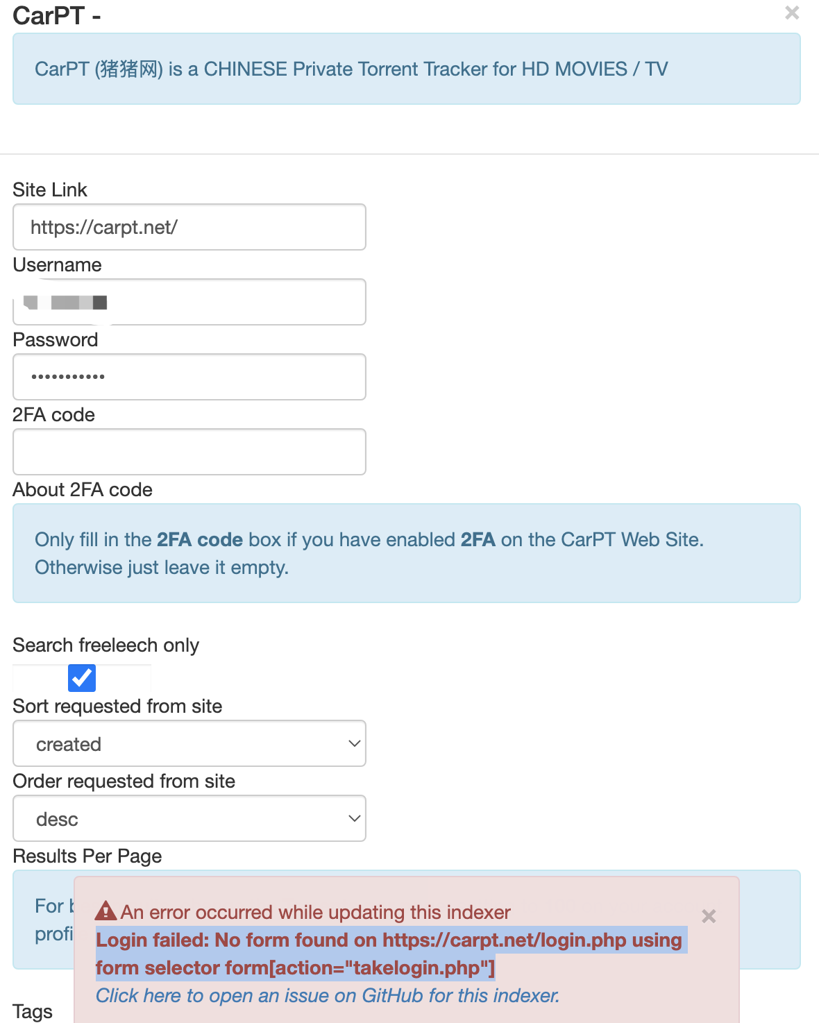 [carpt] (updating) Login failed: No form found on https://carpt.net/login.php using form ...