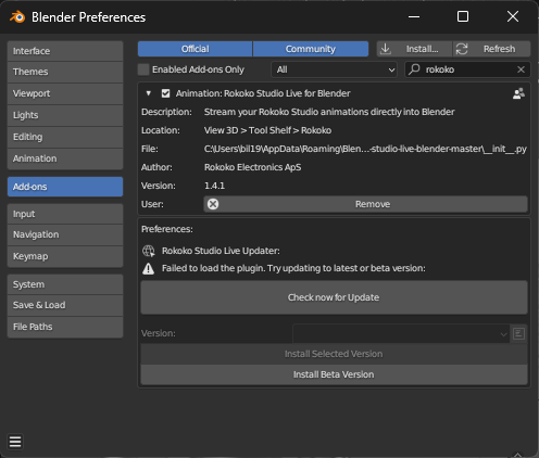 Error activating plugin in blender · Issue #69 · Rokoko/rokoko-studio-live-blender · GitHub