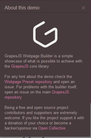 [QUESTION] Is it possible to add info modal on the editor · Issue #2381 · GrapesJS/grapesjs · GitHub