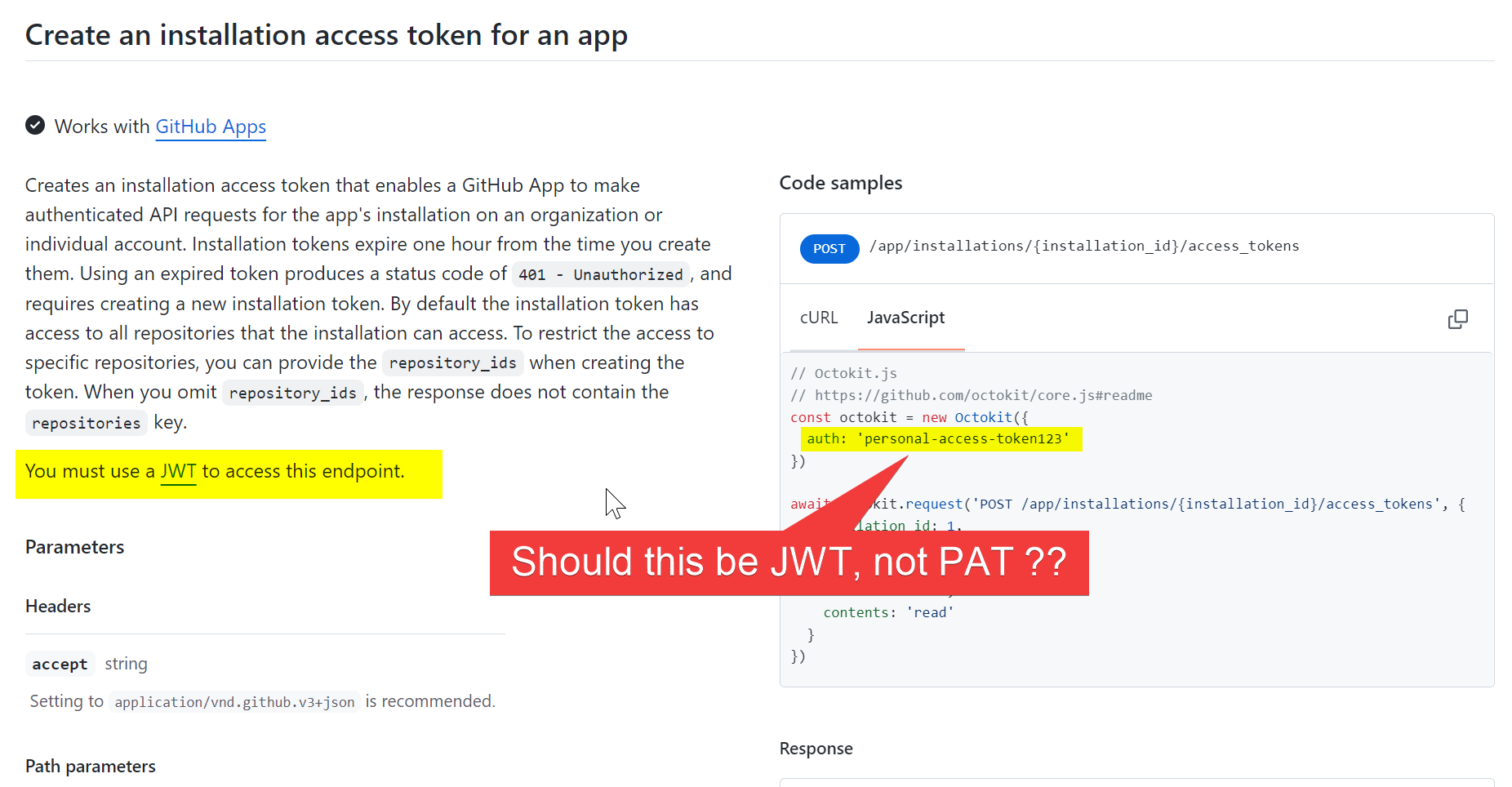 Inconsistent auth header in code sample · Issue #18891 · github/docs · GitHub