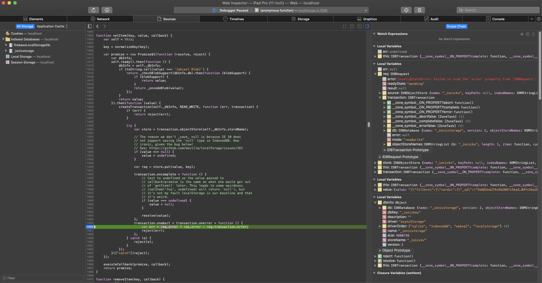 InvalidStateError: Failed to read the 'error' property from 'IDBRequest ...