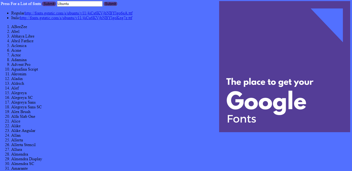 GitHub - dscarlett-chwy/Google-Fonts-API: App using Javascript, HTML, and CSS to allow the user ...