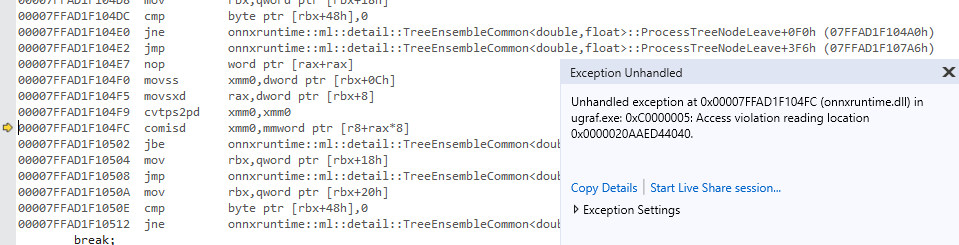 Read Access Violation error and application crash while inference from TreeEnsembleClassifier ...