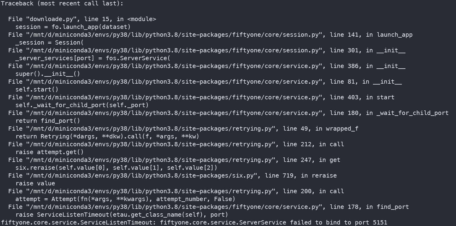 [BUG] fiftyone.core.service.ServerService failed to bind to port 5151 · Issue #1096 · voxel51 ...