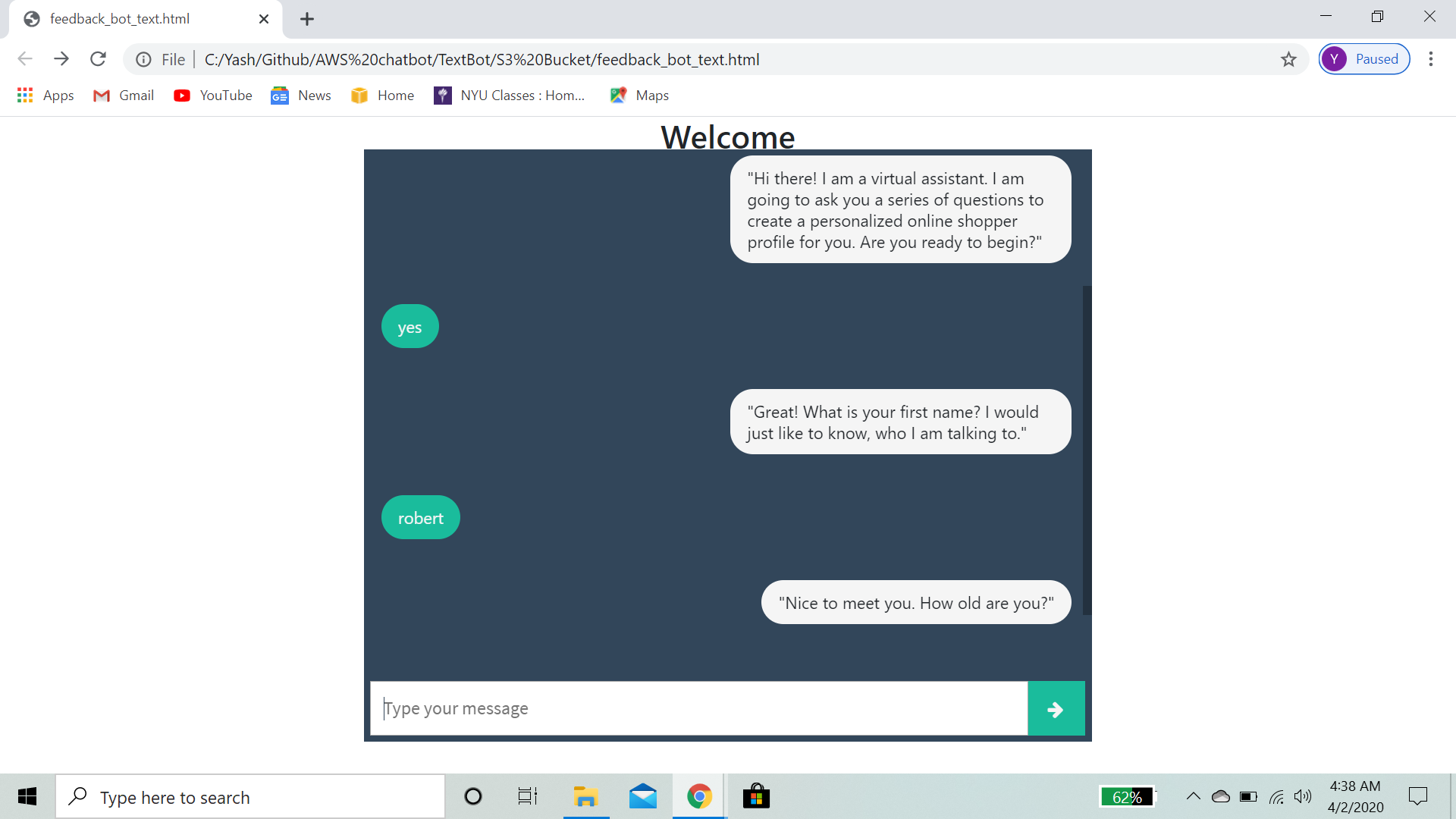 GitHub - YashShirodkar/AWS-based-chatbot-for-survey