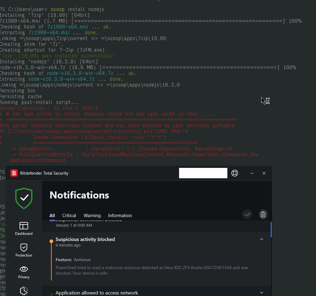 Post-install script for NodeJS 16.3.0 contaminated by Heur.BZC.ZFV.Boxter.830.CD4F31A8 · Issue ...