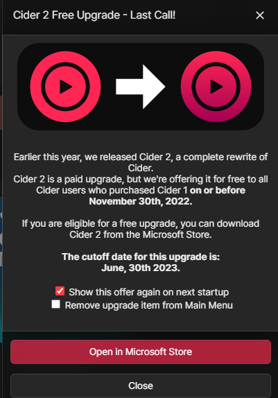[bug] Unable To Get Cider 2 Free Upgrade · Issue 1707 · Ciderapp Cider · Github
