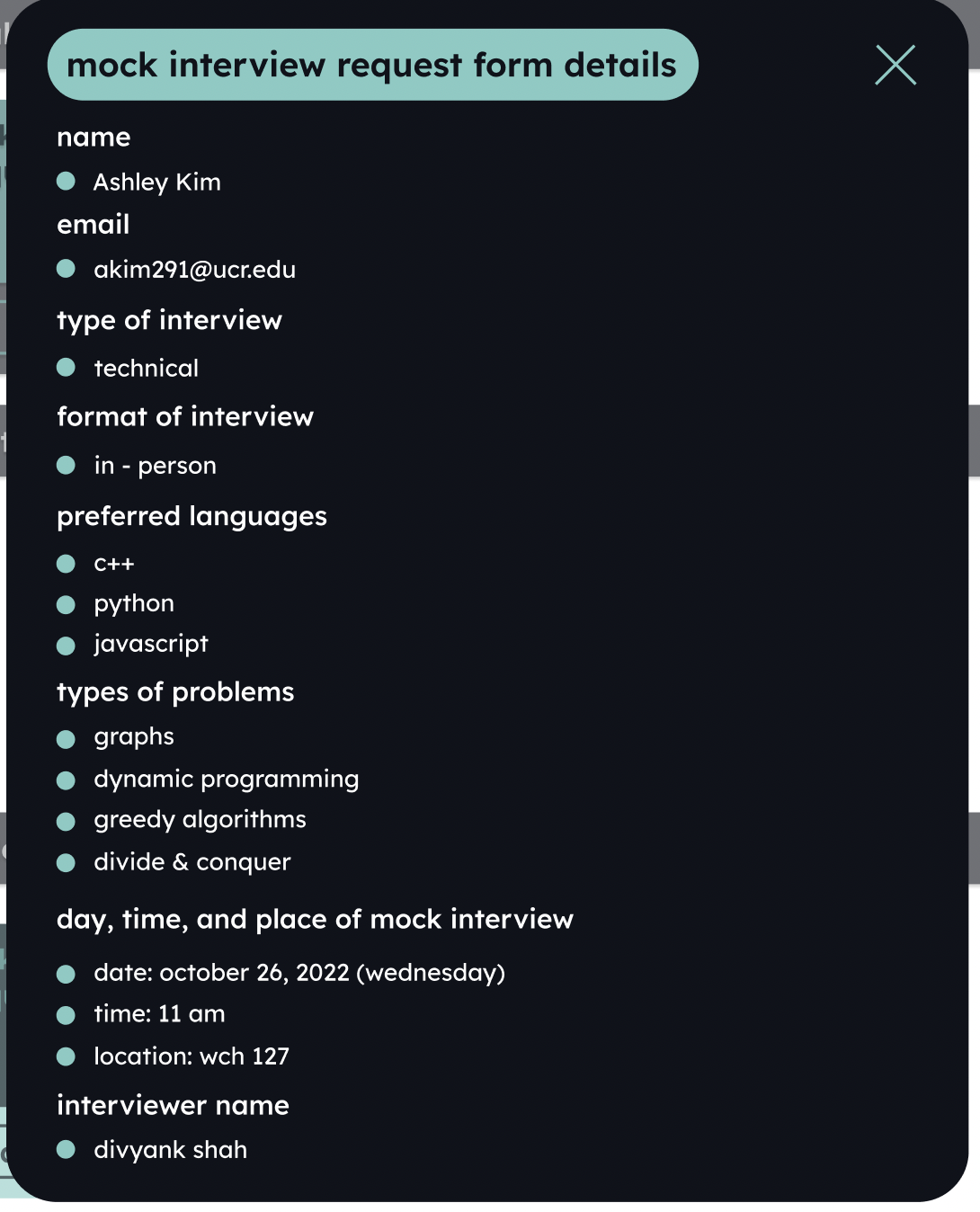 Create `MockInterviewFormDetails.jsx` · Issue #103 · acm-ucr/membership-portal · GitHub