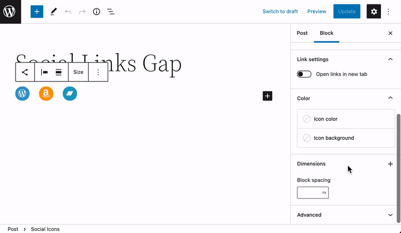 Social block: block spacing attribute lost if no justification set · Issue #37542 · WordPress ...