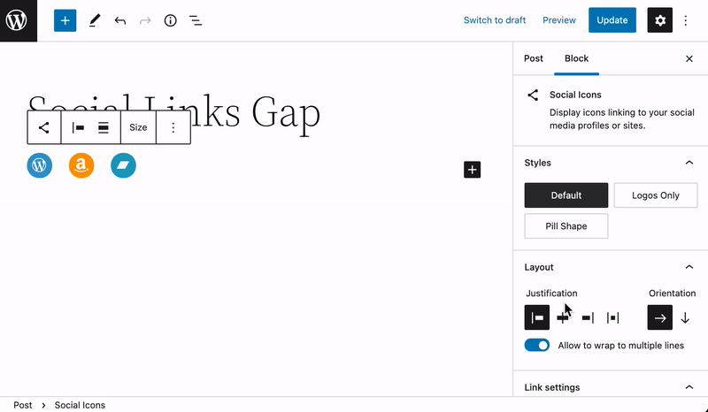 Social block: block spacing attribute lost if no justification set · Issue #37542 · WordPress ...