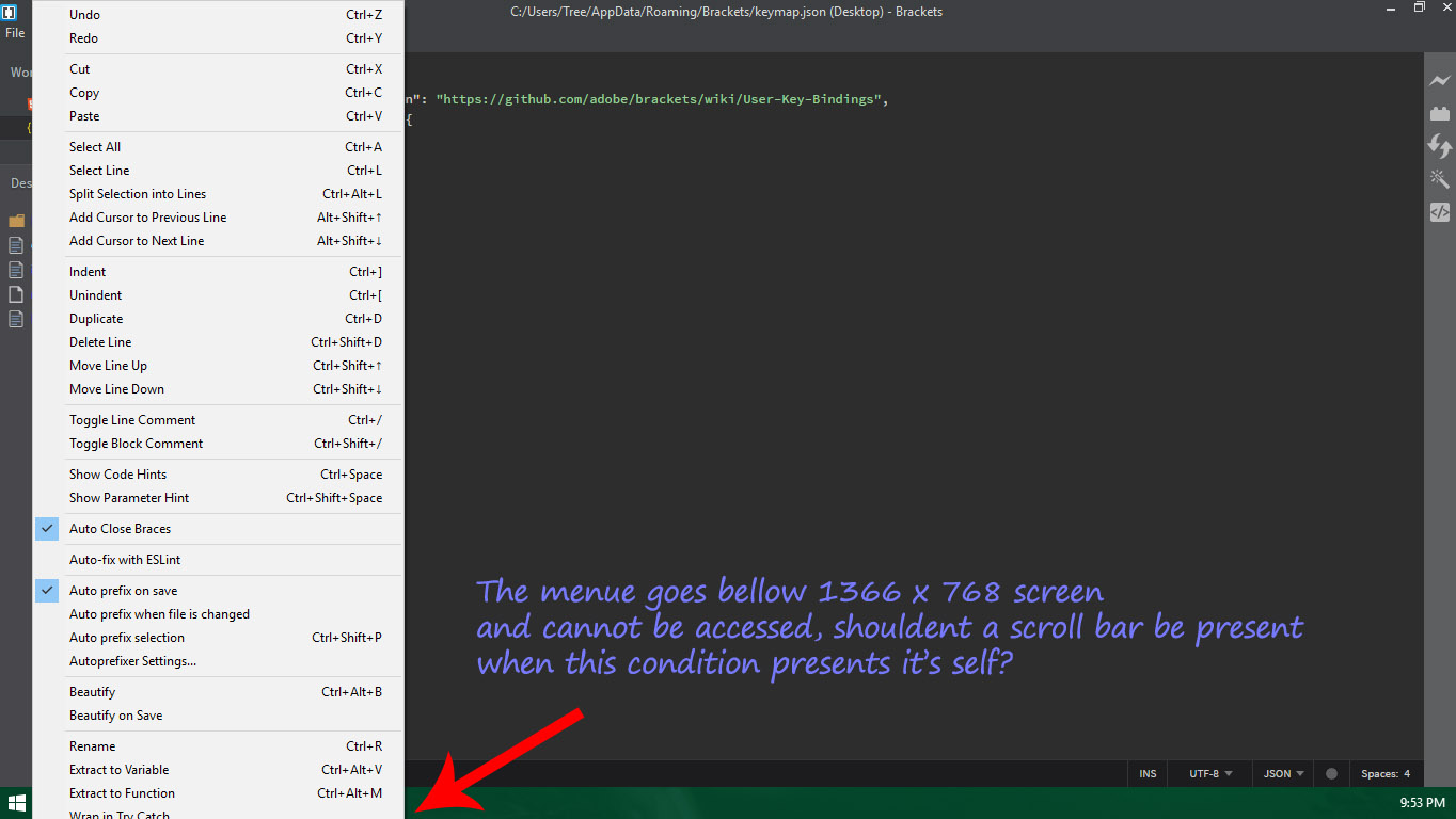 Edit menu interface goes below a 1366 x 768 screen · Issue #14110 · adobe/brackets · GitHub