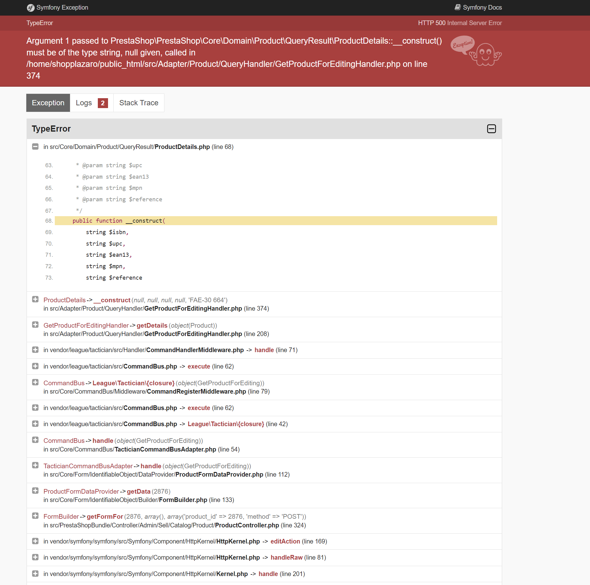 I have this error, Prestashop v. 8.0.4, PHP 7.4, when I try to edit an product in backend I have ...