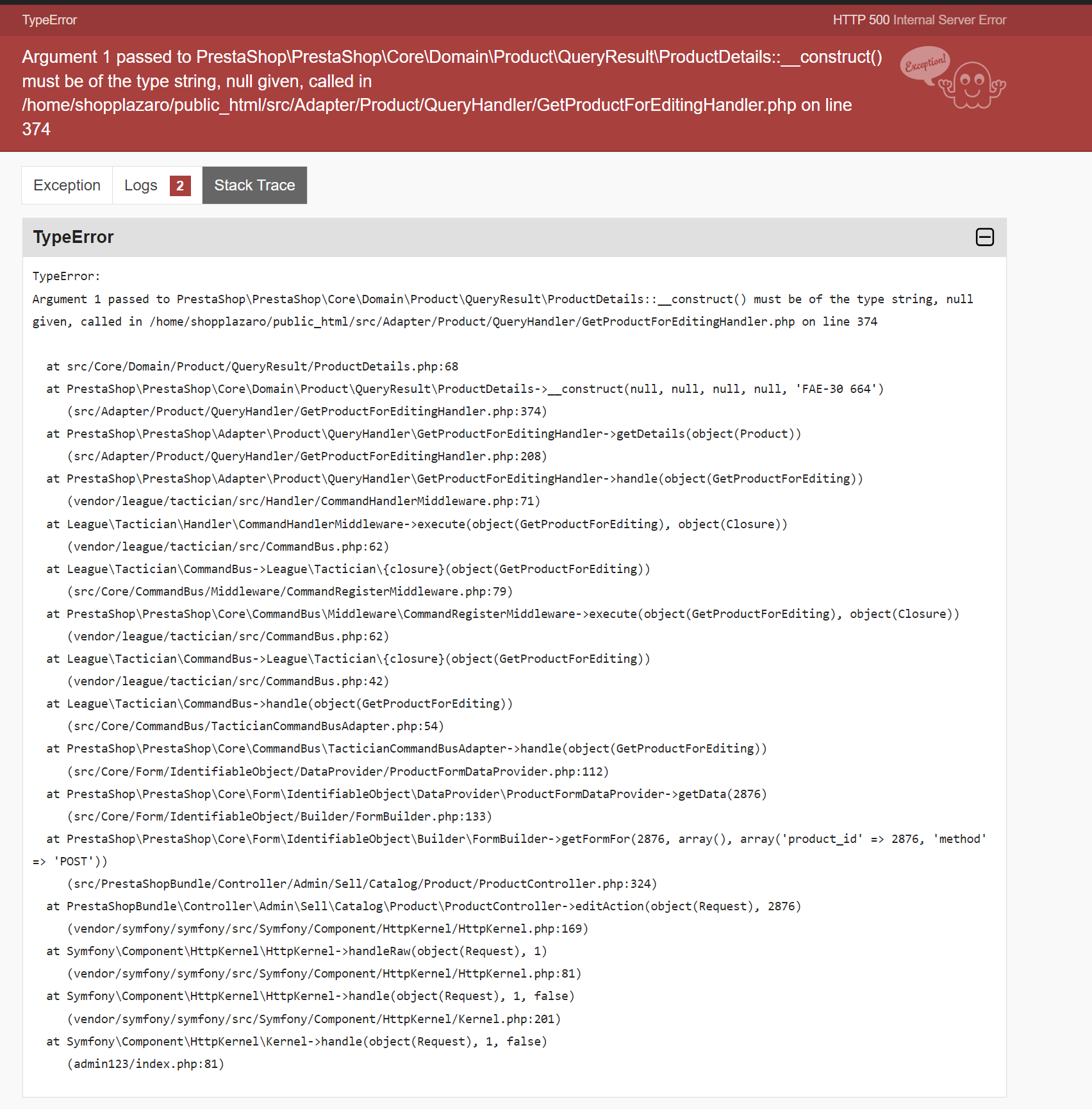 I have this error, Prestashop v. 8.0.4, PHP 7.4, when I try to edit an product in backend I have ...