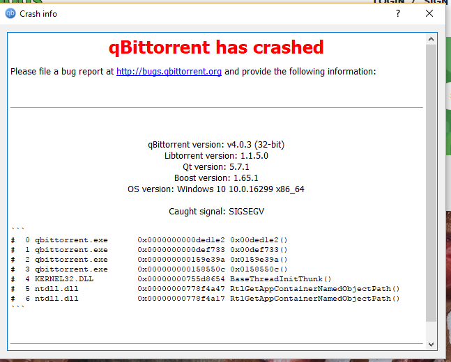 qBittorrent has crashed - Please file bug report · Issue #8394 · qbittorrent/qBittorrent · GitHub