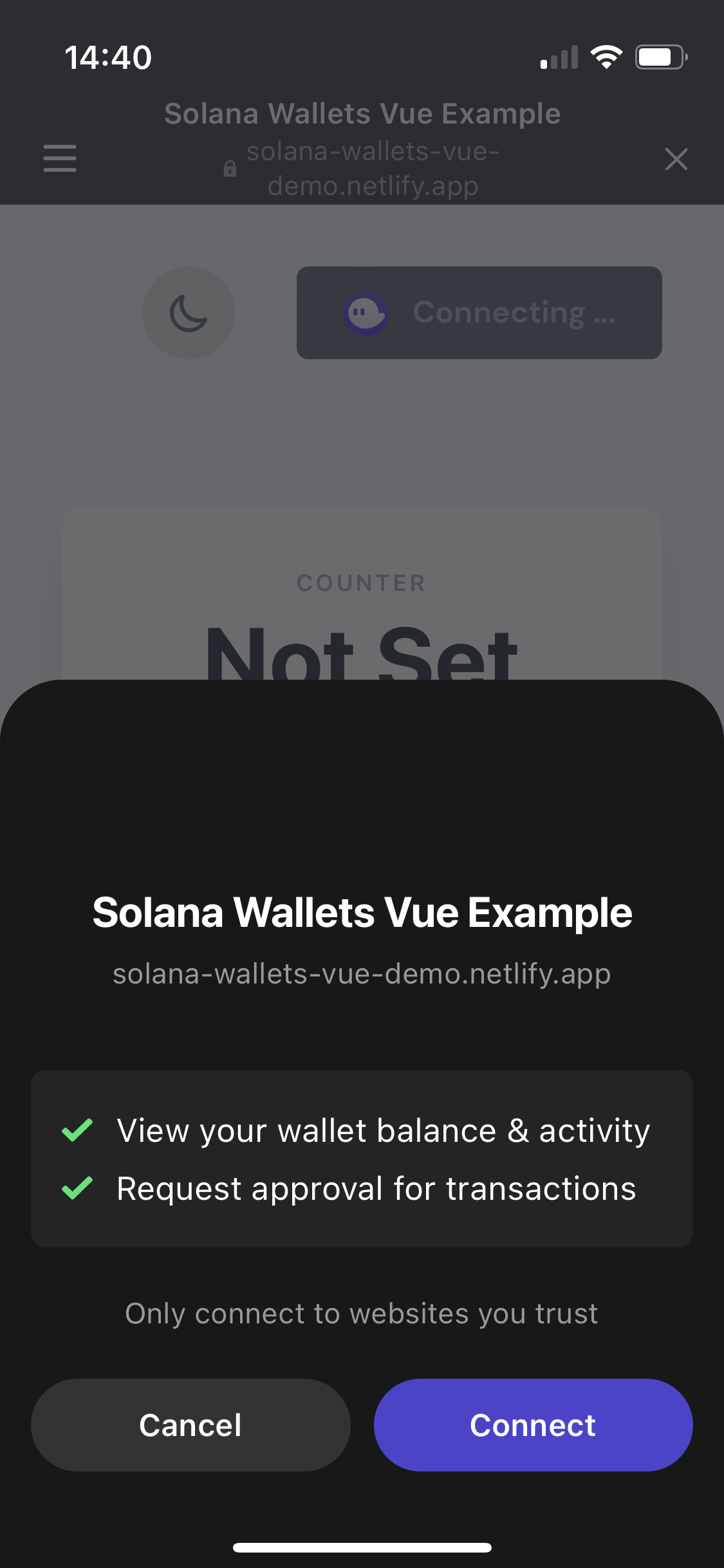 Cannot connect iOS Phantom Wallet app · Issue #8 · lorisleiva/solana-wallets-vue · GitHub
