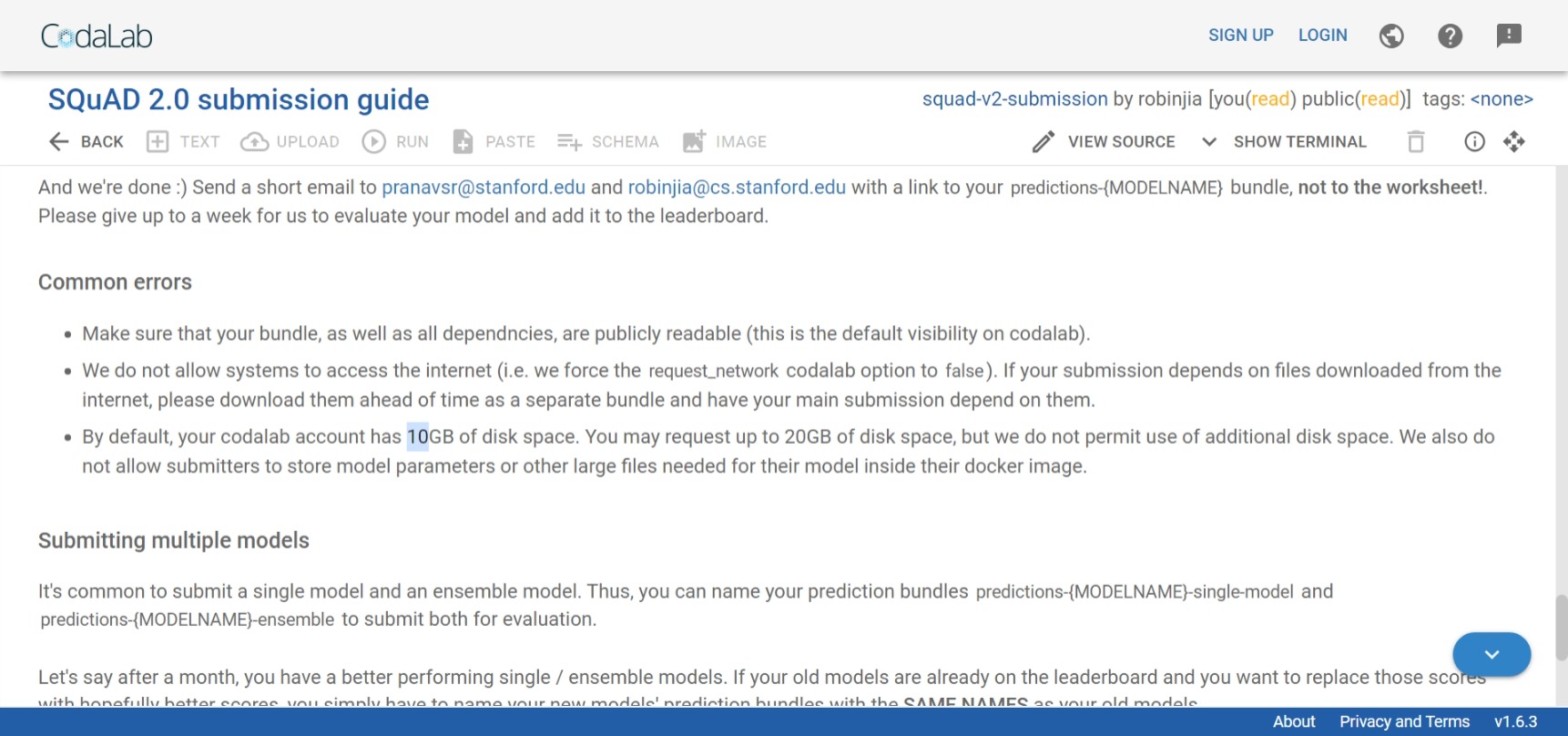 Facing issue while trying to download BERT & RoBERTa model for SQUAD2.0 leaderboard submission ...
