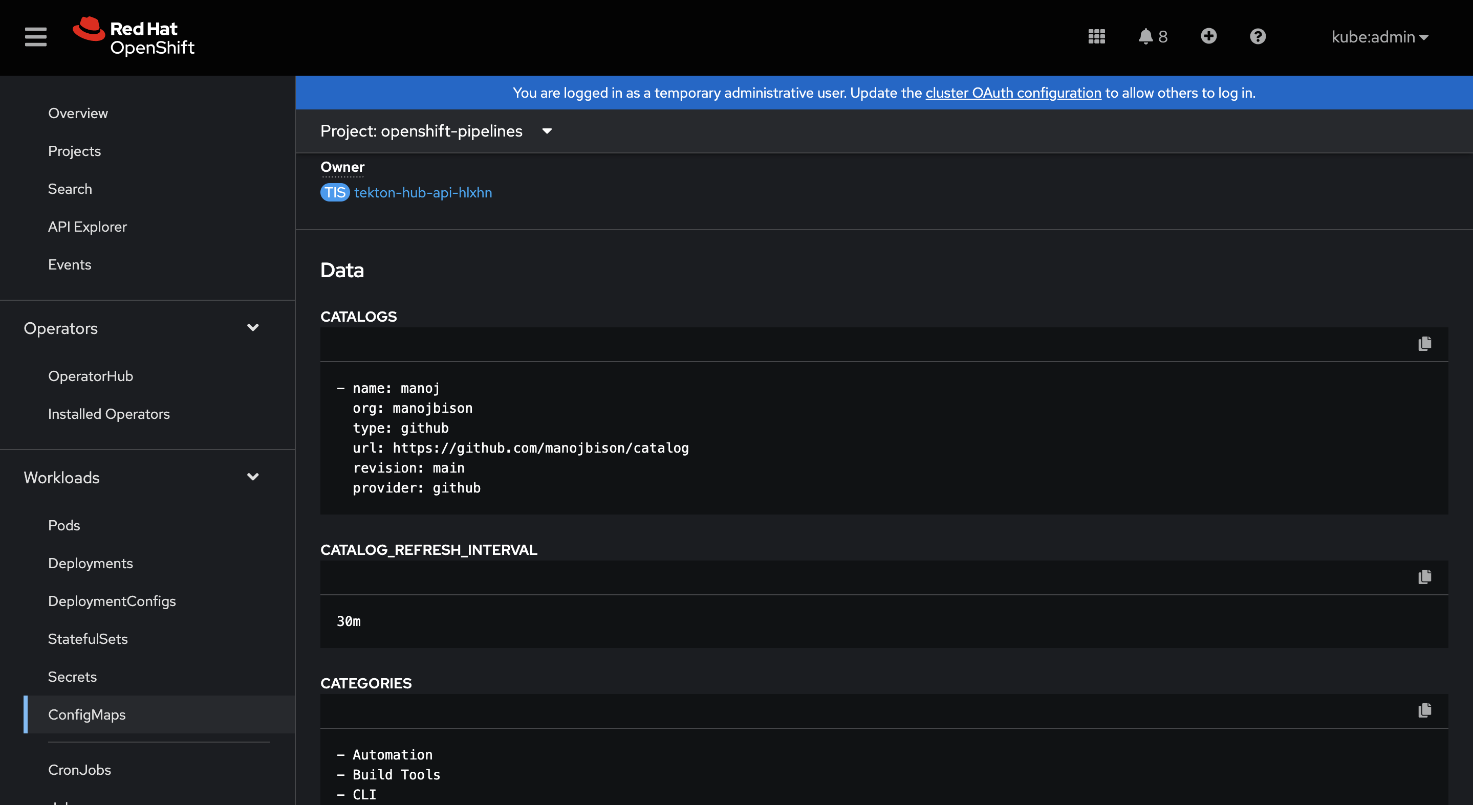 When creating the TektonInstallerSet from TektonHub CR, not updating the catalogRefreshInterval ...