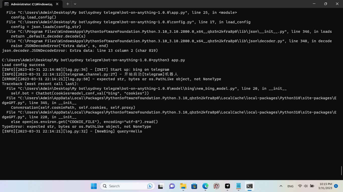 I deployed on Telegram and use Bing, everything works normal config loaded but bot doesnt ...