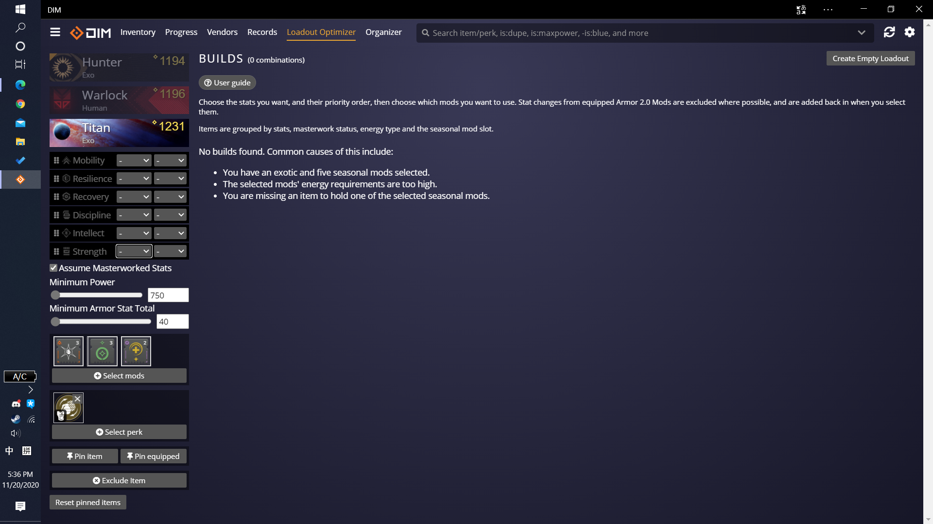The loadout optimizer can't find any loadout while any season mod and exotic armor were selected ...