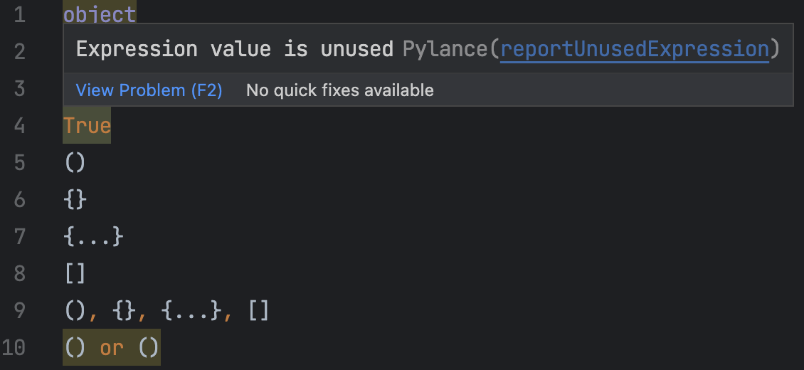 Unused `tuple` `dict` `set` And `list` Literals Are Not Reported Per `reportunusedexpression