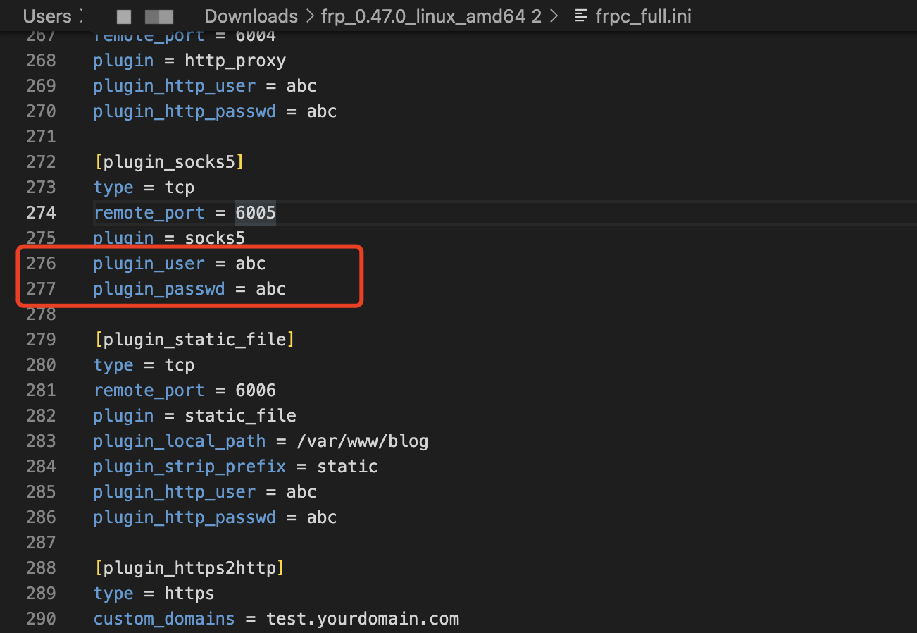 releases frpc_full.ini 示例 socks5 填写账号密码处有误 · Issue #3306 · fatedier/frp · GitHub